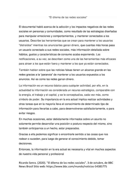 El Dilema De Las Redes Sociales Ricardo Senra 2020 El Dilema De