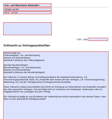 Vollmacht für Vertragsauskünfte PDF Muster Kostenlose Vordrucke
