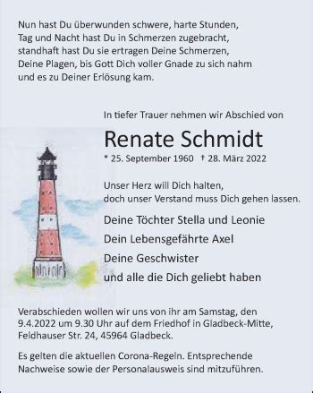 Traueranzeigen Von Renate Schmidt Trauer In NRW De