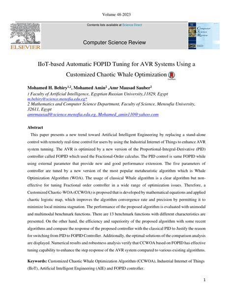 pdf iiot based automatic fopid tuning for avr systems using a customized chaotic whale