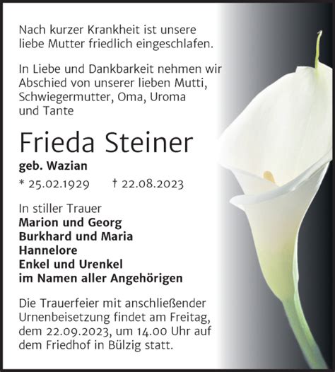 Traueranzeigen Von Frieda Steiner Abschied Nehmen De