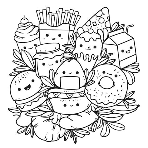 Ilustración de libro para colorear kawaii dibujado a mano Vector Premium