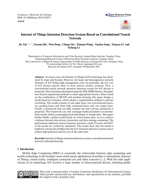 pdf internet of things intrusion detection system based on convolutional neural network