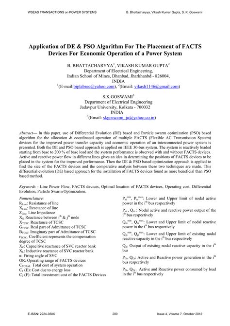 pdf application of de and pso algorithm for the placement of facts devices for economic